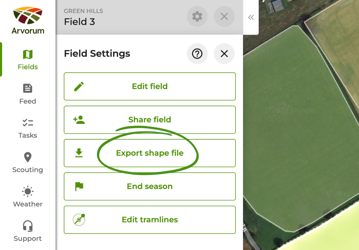 Exporting the ESRI shapefile of your field from the field settings ...